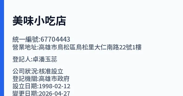 美味小吃店的照片-統編 67704443(高雄市) 公司登記資料與營業項目詳細圖表