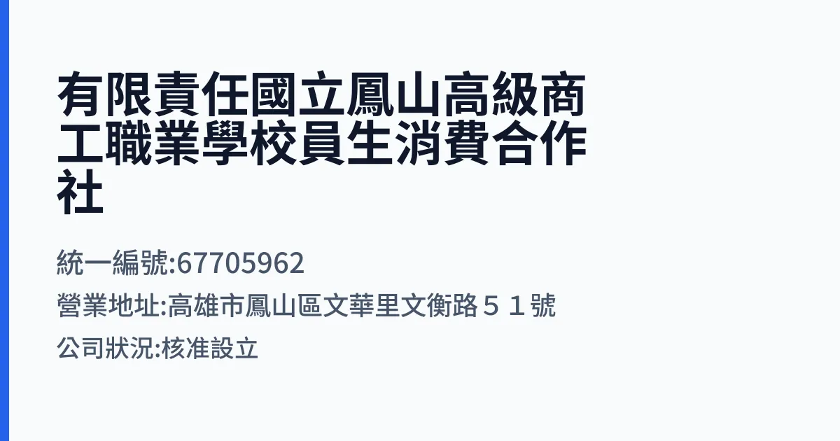 有限責任國立鳳山高級商工職業學校員生消費合作社 - 統編 67705962(高雄市) 公司登記資料與營業項目詳細圖表