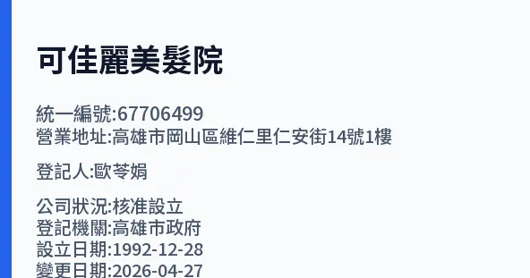 可佳麗美髮院的照片-統編 67706499(高雄市) 公司登記資料與營業項目詳細圖表