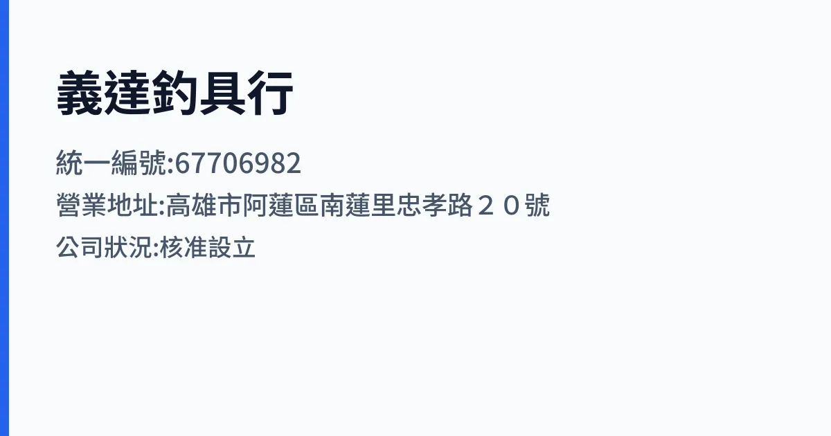 義達釣具行 - 統編 67706982(高雄市) 公司登記資料與營業項目詳細圖表