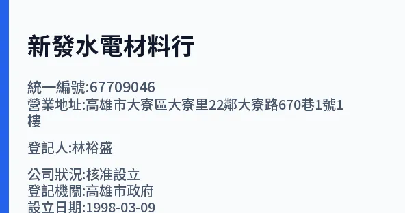 新發水電材料行的照片-統編 67709046(高雄市) 公司登記資料與營業項目詳細圖表
