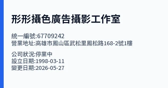 形形攝色廣告攝影工作室的照片-統編 67709242(高雄市) 公司登記資料與營業項目詳細圖表