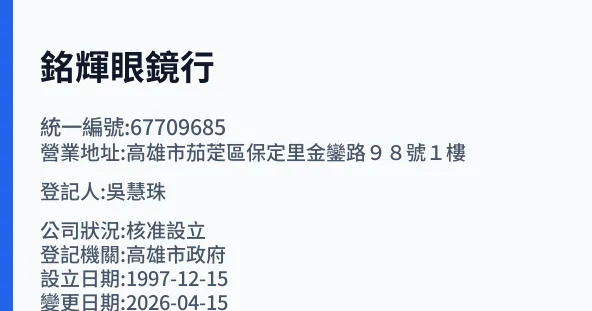 銘輝眼鏡行的照片-統編 67709685(高雄市) 公司登記資料與營業項目詳細圖表