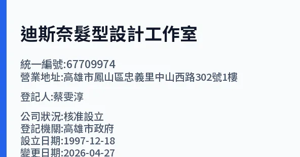 迪斯奈髮型設計工作室的照片-統編 67709974(高雄市) 公司登記資料與營業項目詳細圖表