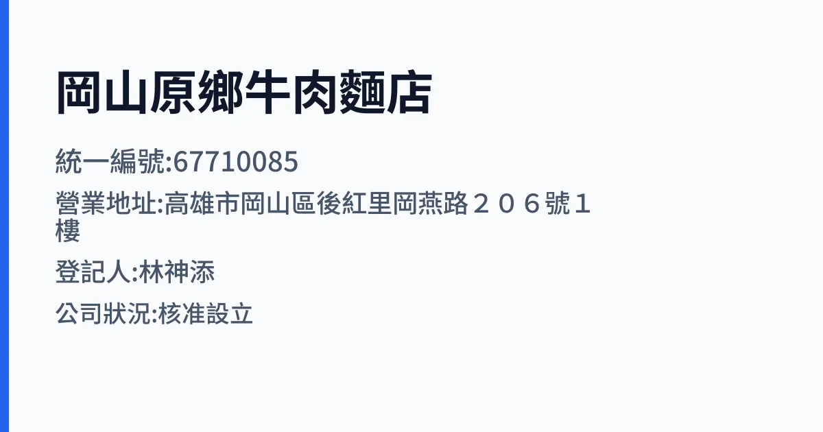 岡山原鄉牛肉麵店 - 統編 67710085(高雄市) 公司登記資料與營業項目詳細圖表