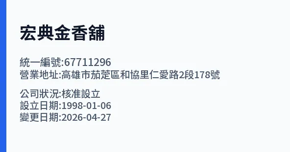 宏典金香舖的照片-統編 67711296(高雄市) 公司登記資料與營業項目詳細圖表