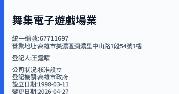 舞集電子遊戲場業的照片-統編 67711697(高雄市) 公司登記資料與營業項目詳細圖表
