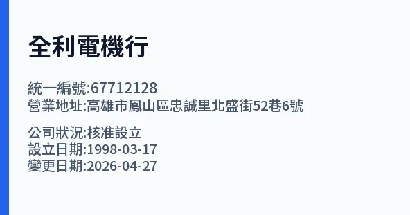 全利電機行的照片-統編 67712128(高雄市) 公司登記資料與營業項目詳細圖表