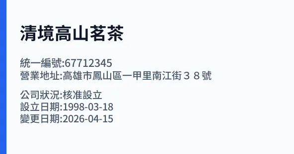清境高山茗茶的照片-統編 67712345(高雄市) 公司登記資料與營業項目詳細圖表