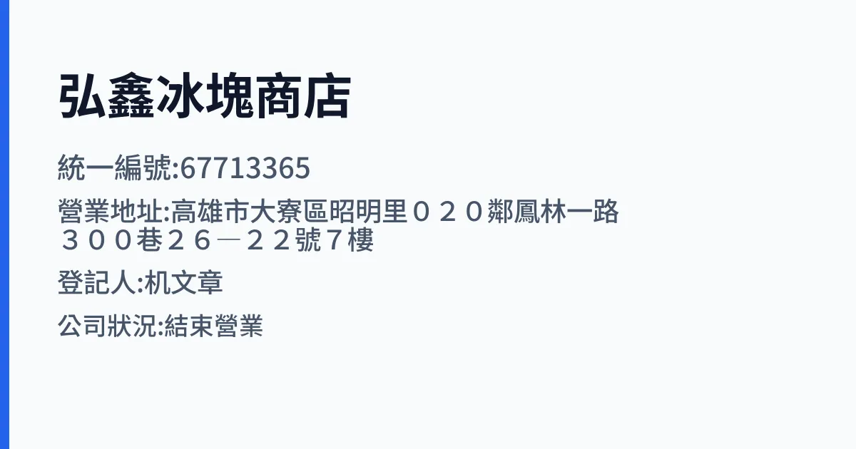 弘鑫冰塊商店 - 統編 67713365(高雄市) 公司登記資料與營業項目詳細圖表