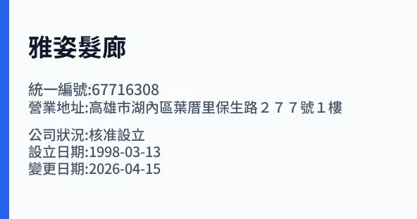雅姿髮廊的照片-統編 67716308(高雄市) 公司登記資料與營業項目詳細圖表