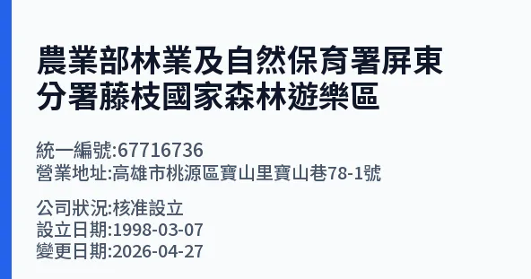 農業部林業及自然保育署屏東分署藤枝國家森林遊樂區的照片-統編 67716736(高雄市) 公司登記資料與營業項目詳細圖表