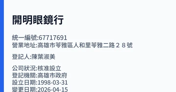 開明眼鏡行的照片-統編 67717691(高雄市) 公司登記資料與營業項目詳細圖表
