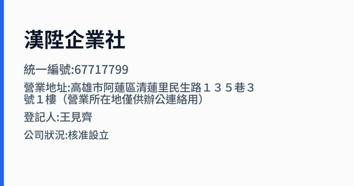 漢陞企業社 - 統編 67717799(高雄市) 公司登記資料與營業項目詳細圖表