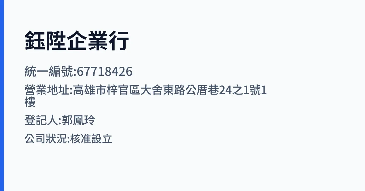 鈺陞企業行 - 統編 67718426(高雄市) 公司登記資料與營業項目詳細圖表