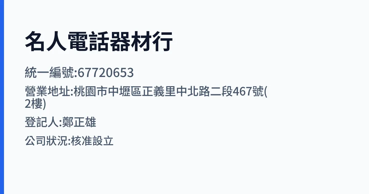 名人電話器材行 - 統編 67720653 (桃園市) 公司登記資料與營業項目詳細圖表