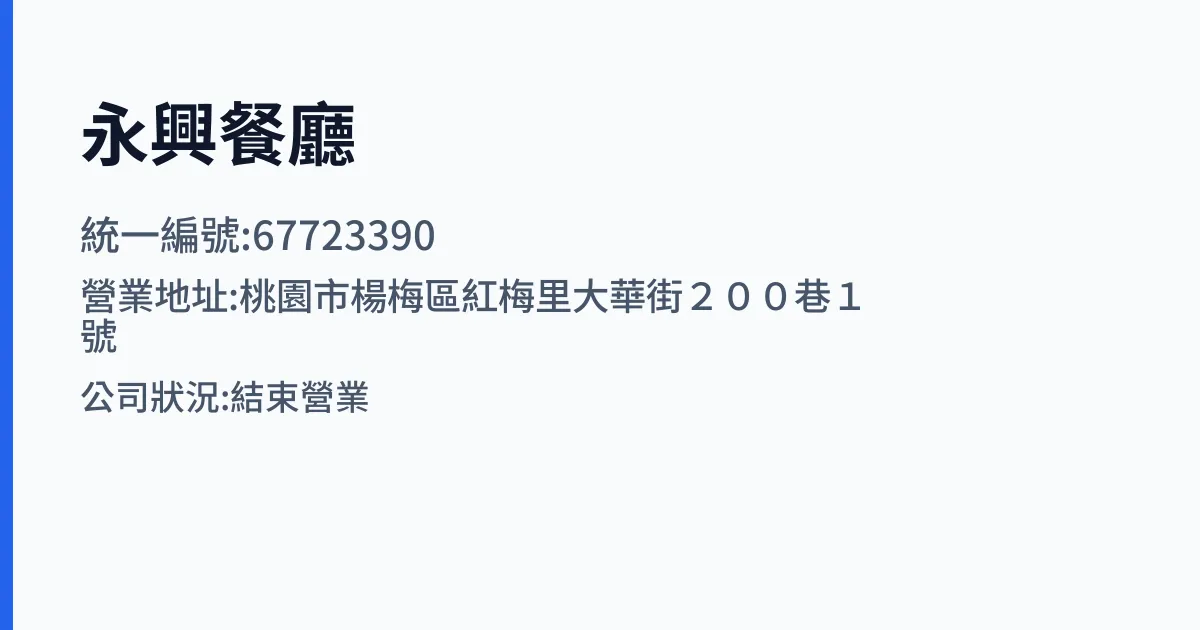 永興餐廳 - 統編 67723390(桃園市) 公司登記資料與營業項目詳細圖表