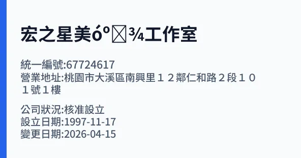 宏之星美󺏾工作室的照片-統編 67724617(桃園市) 公司登記資料與營業項目詳細圖表