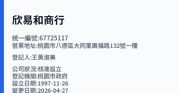 欣易和商行的照片-統編 67725117(桃園市) 公司登記資料與營業項目詳細圖表