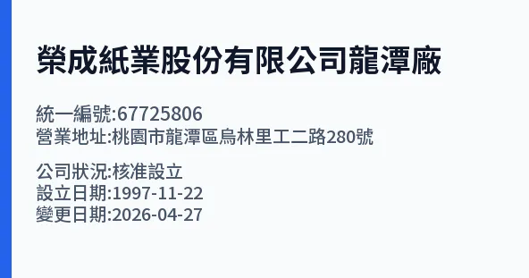 榮成紙業股份有限公司龍潭廠的照片-統編 67725806(桃園市) 公司登記資料與營業項目詳細圖表