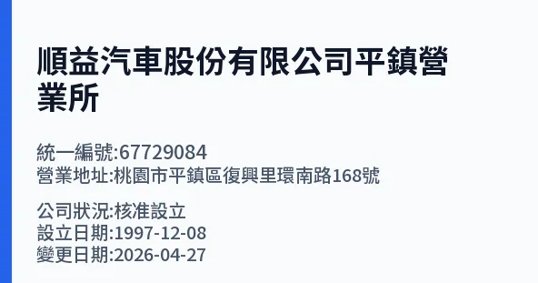 順益汽車股份有限公司平鎮營業所的照片-統編 67729084(桃園市) 公司登記資料與營業項目詳細圖表