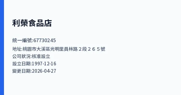 利榮食品店的照片-統編 67730245(桃園市) 公司登記資料與營業項目詳細圖表