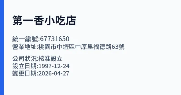 第一香小吃店的照片-統編 67731650(桃園市) 公司登記資料與營業項目詳細圖表