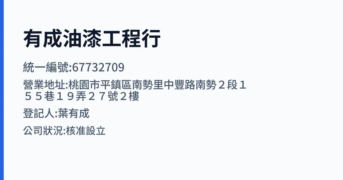 有成油漆工程行 - 統編 67732709(桃園市) 公司登記資料與營業項目詳細圖表