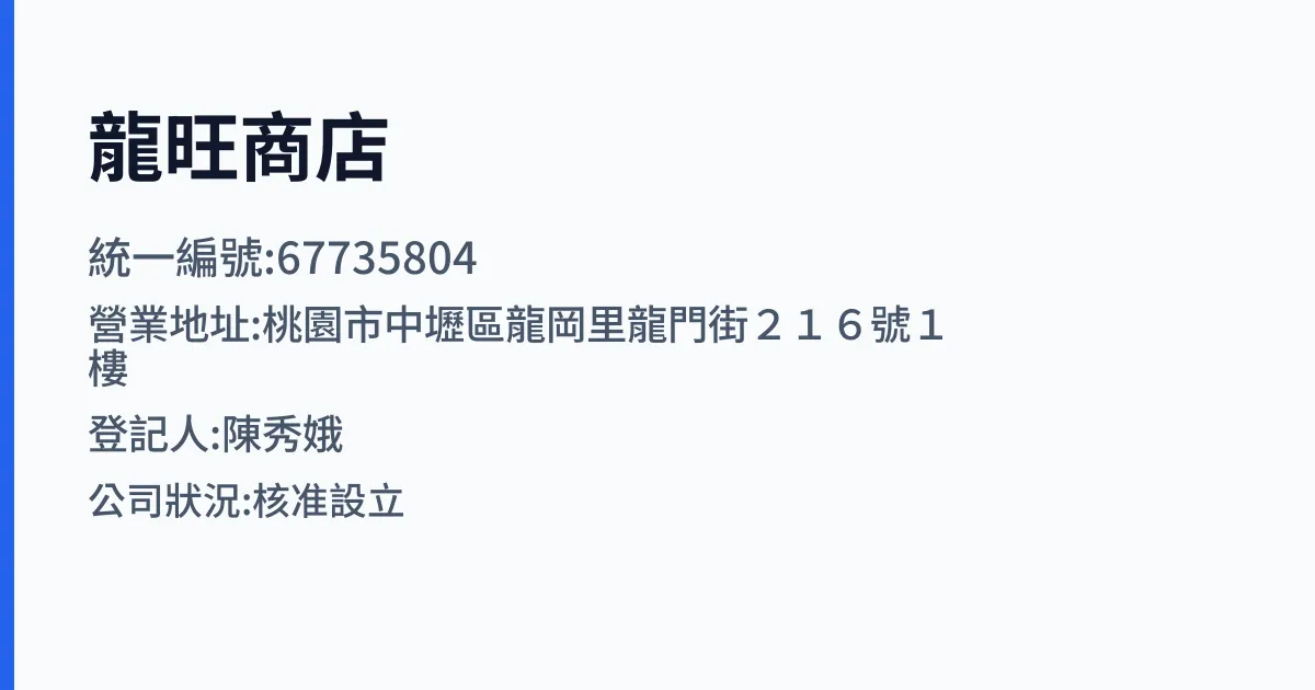 龍旺商店 - 統編 67735804(桃園市) 公司登記資料與營業項目詳細圖表