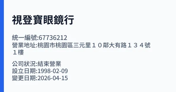視登寶眼鏡行的照片-統編 67736212(桃園市) 公司登記資料與營業項目詳細圖表