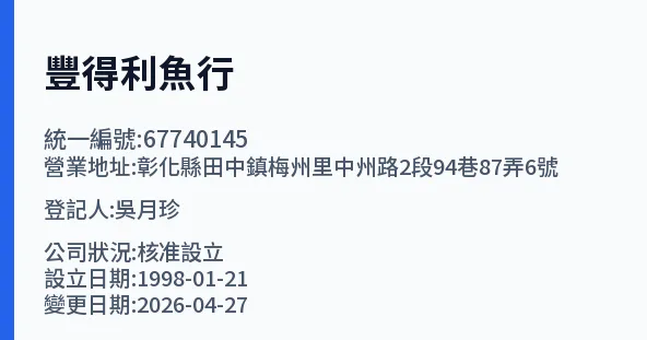 豐得利魚行的照片-統編 67740145(彰化縣) 公司登記資料與營業項目詳細圖表