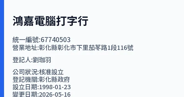 鴻嘉電腦打字行的照片-統編 67740503(彰化縣) 公司登記資料與營業項目詳細圖表