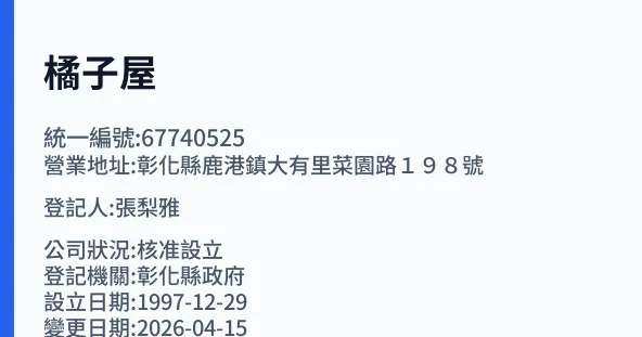 橘子屋的照片-統編 67740525(彰化縣) 公司登記資料與營業項目詳細圖表