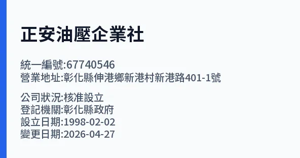 正安油壓企業社的照片-統編 67740546(彰化縣) 公司登記資料與營業項目詳細圖表