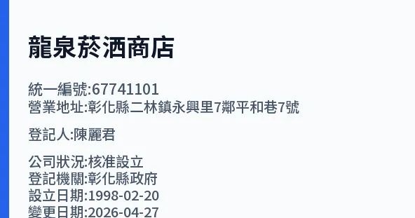 龍泉菸洒商店的照片-統編 67741101(彰化縣) 公司登記資料與營業項目詳細圖表