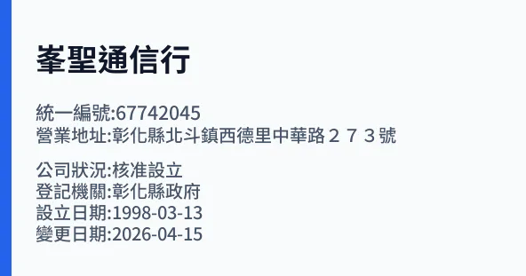 峯聖通信行的照片-統編 67742045(彰化縣) 公司登記資料與營業項目詳細圖表