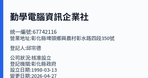 勤學電腦資訊企業社的照片-統編 67742116(彰化縣) 公司登記資料與營業項目詳細圖表