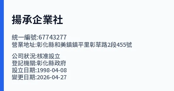 揚承企業社的照片-統編 67743277(彰化縣) 公司登記資料與營業項目詳細圖表