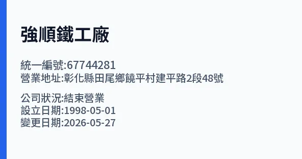 強順鐵工廠的照片-統編 67744281(彰化縣) 公司登記資料與營業項目詳細圖表