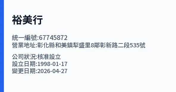 裕美行的照片-統編 67745872(彰化縣) 公司登記資料與營業項目詳細圖表