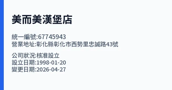 美而美漢堡店的照片-統編 67745943(彰化縣) 公司登記資料與營業項目詳細圖表