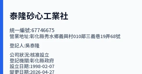 泰隆砂心工業社的照片-統編 67746675(彰化縣) 公司登記資料與營業項目詳細圖表