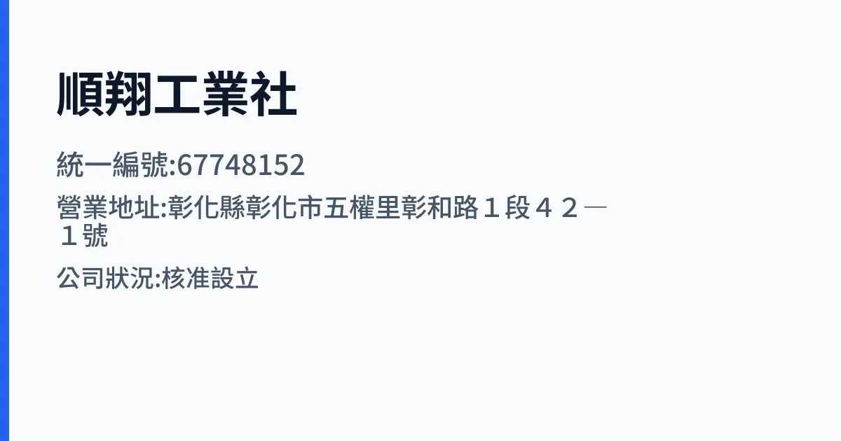 順翔工業社 - 統編 67748152(彰化縣) 公司登記資料與營業項目詳細圖表