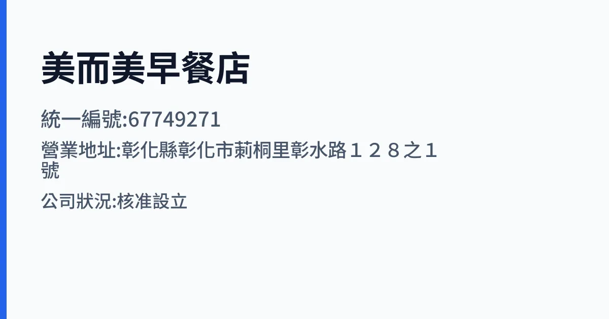 美而美早餐店 - 統編 67749271(彰化縣) 公司登記資料與營業項目詳細圖表