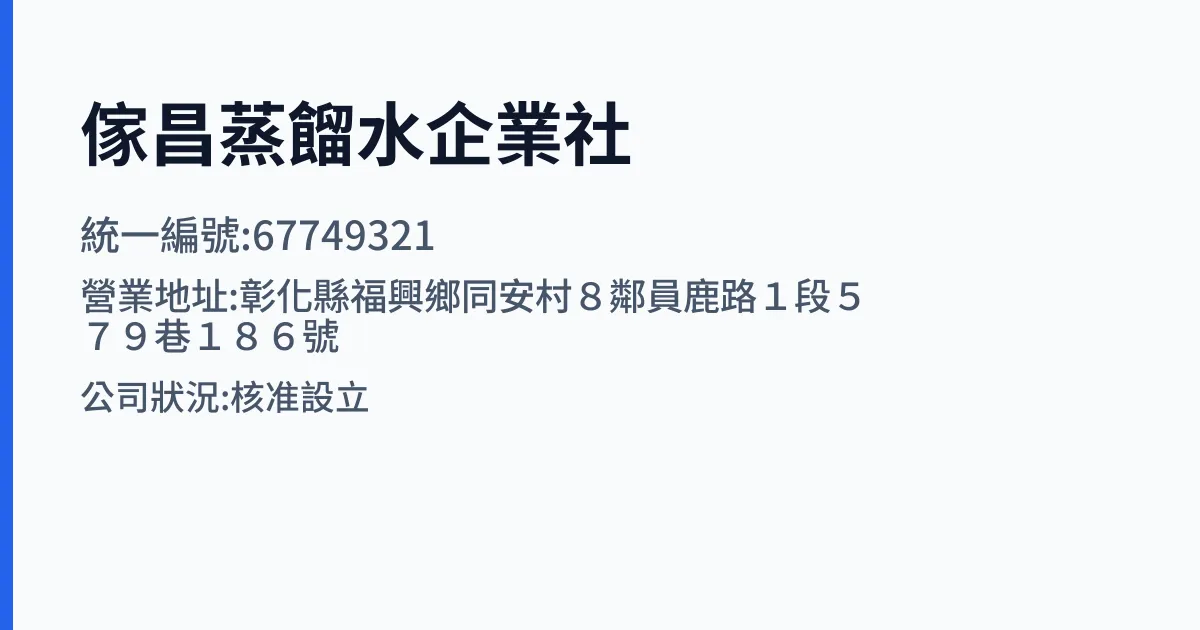 傢昌蒸餾水企業社 - 統編 67749321(彰化縣) 公司登記資料與營業項目詳細圖表