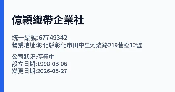億穎織帶企業社的照片-統編 67749342(彰化縣) 公司登記資料與營業項目詳細圖表