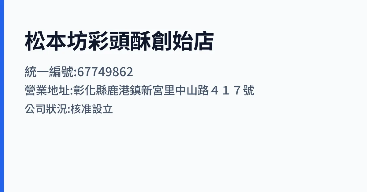松本坊彩頭酥創始店 - 統編 67749862(彰化縣) 公司登記資料與營業項目詳細圖表