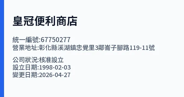 皇冠便利商店的照片-統編 67750277(彰化縣) 公司登記資料與營業項目詳細圖表