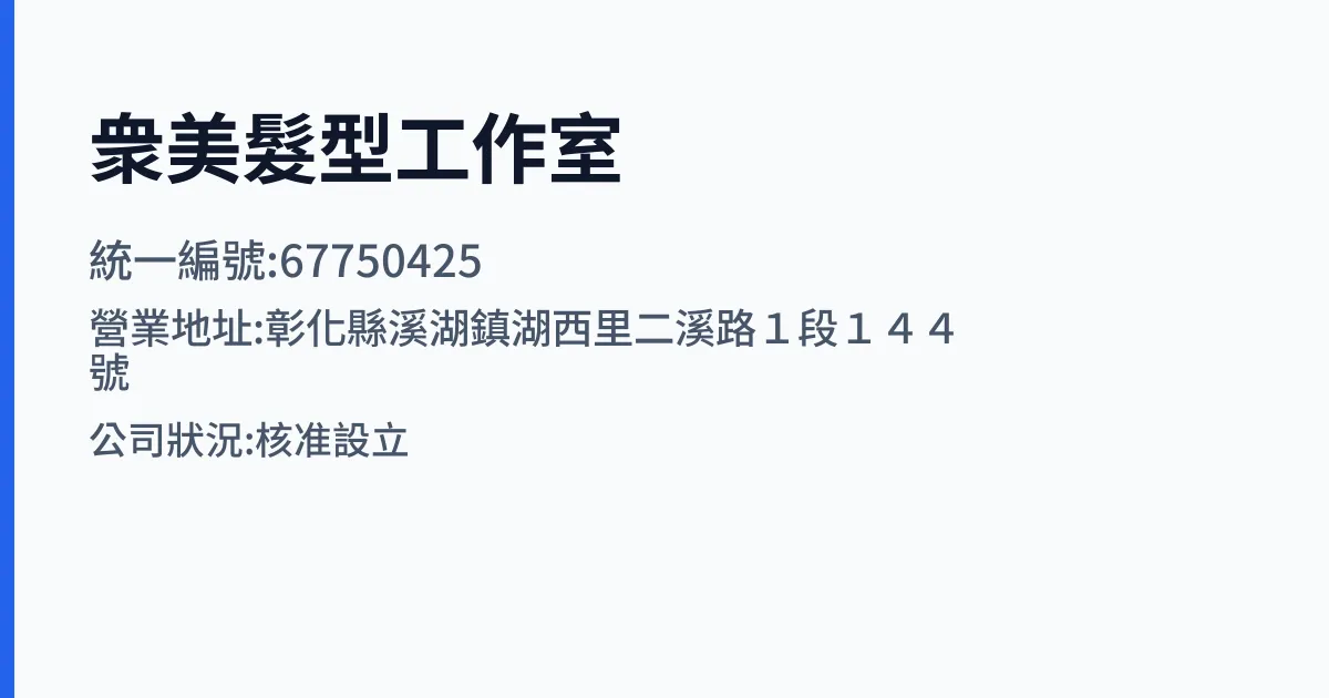 衆美髮型工作室 - 統編 67750425(彰化縣) 公司登記資料與營業項目詳細圖表