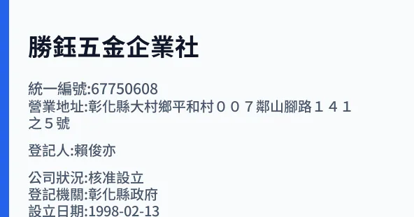 勝鈺五金企業社的照片-統編 67750608(彰化縣) 公司登記資料與營業項目詳細圖表